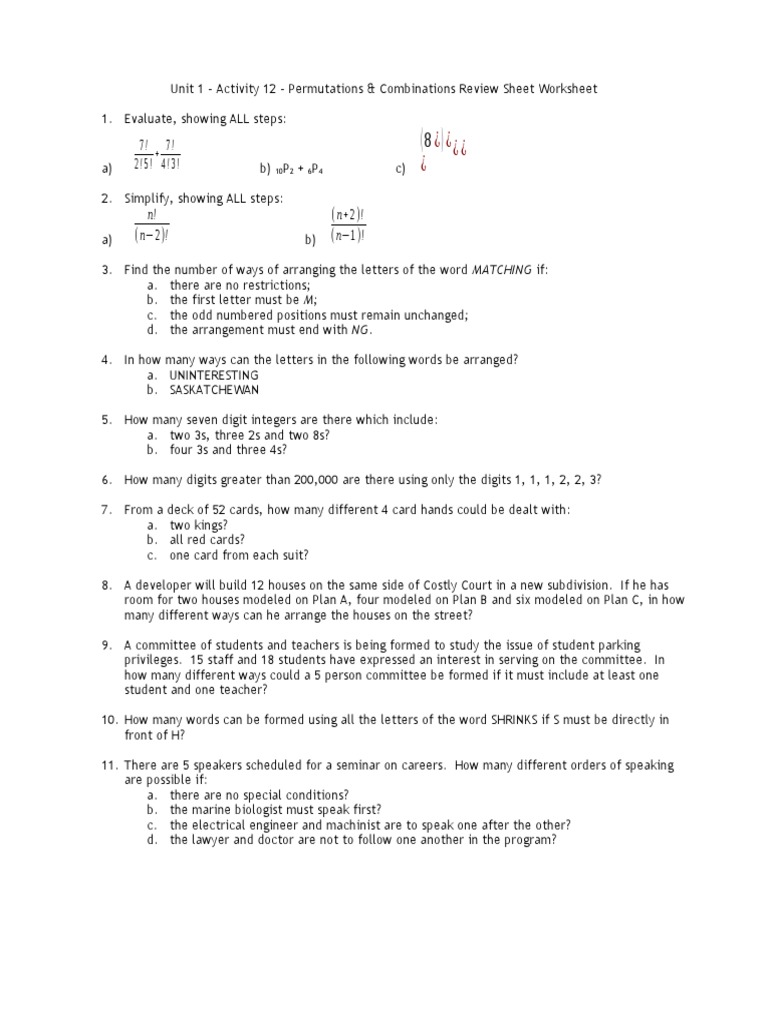 Unit 1 - Activity 12 - Permutations Combinations Review Sheet Worksheet ...