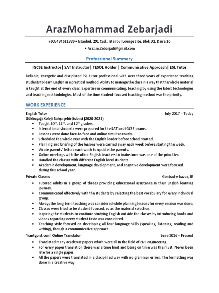 Araz CV Eng Tutor | PDF | English As A Second Or Foreign Language | Teaching