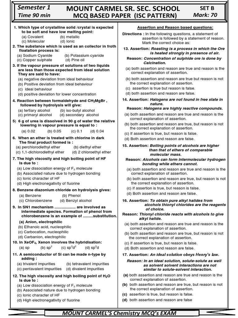 MCQ Based Paper (Isc Pattern) : Mark: 70 Time 90 Min | PDF | Alcohol ...