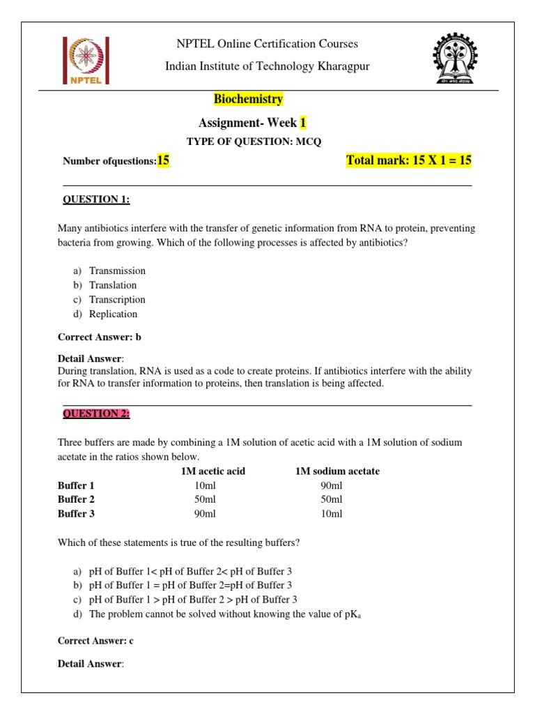 Biochemistry Assignment-Week 1: NPTEL Online Certification Courses ...