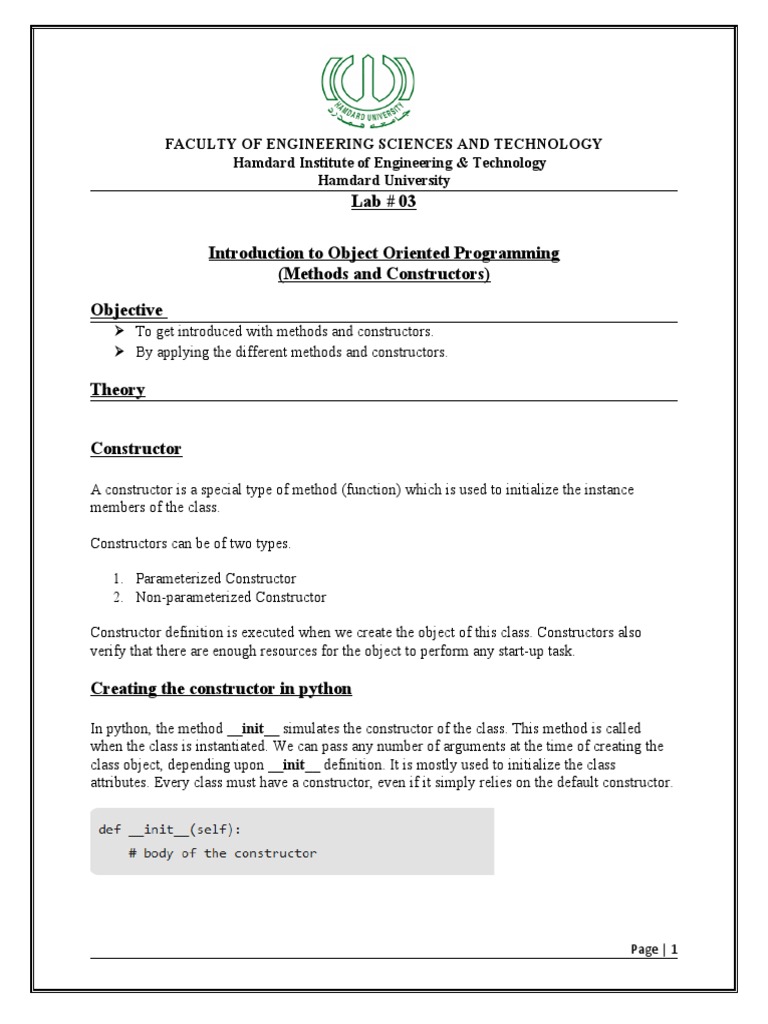 Lab # 03 Introduction To Object Oriented Programming (Methods and Constructors) Objective | PDF ...
