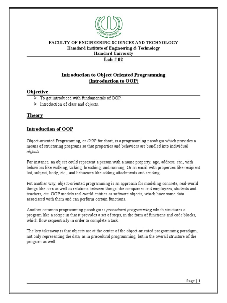 Lab 02 Introduction To Object Oriented Programming Introduction To Oop Objective Pdf