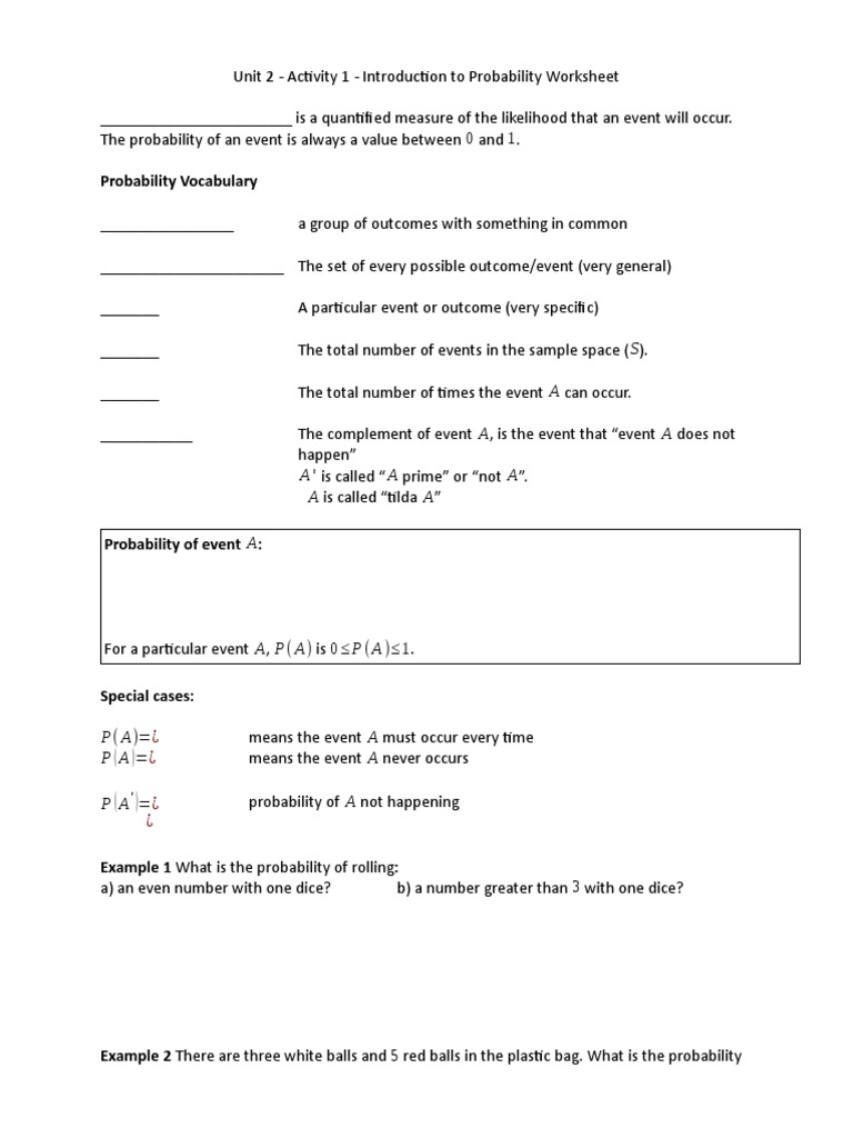 Unit 2 - Activity 1 - Introduction To Probability Worksheet | PDF