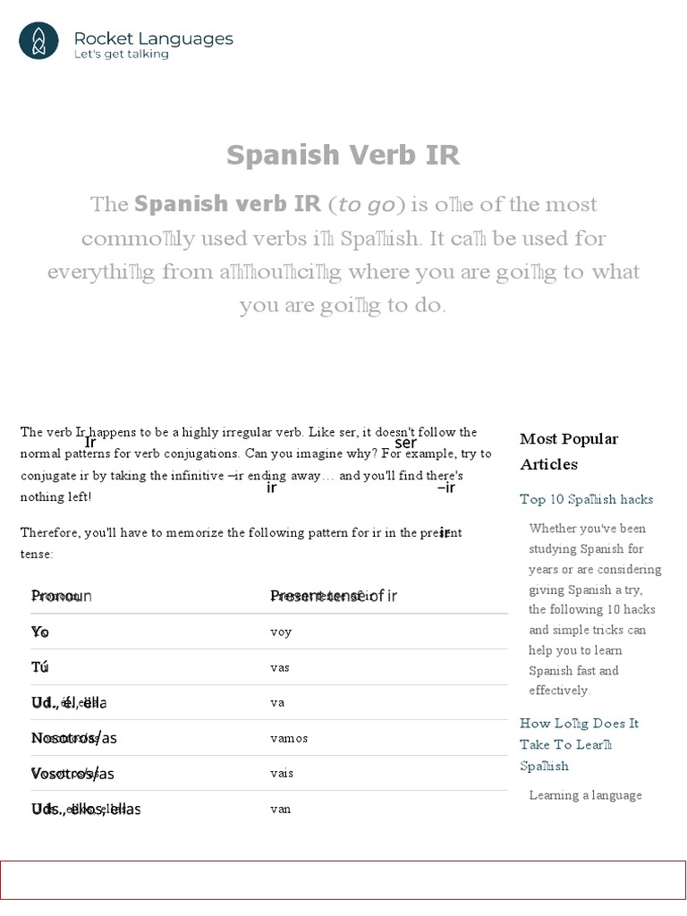 Spanish Verb IR - Rocket Languages | PDF | Verb | Linguistics