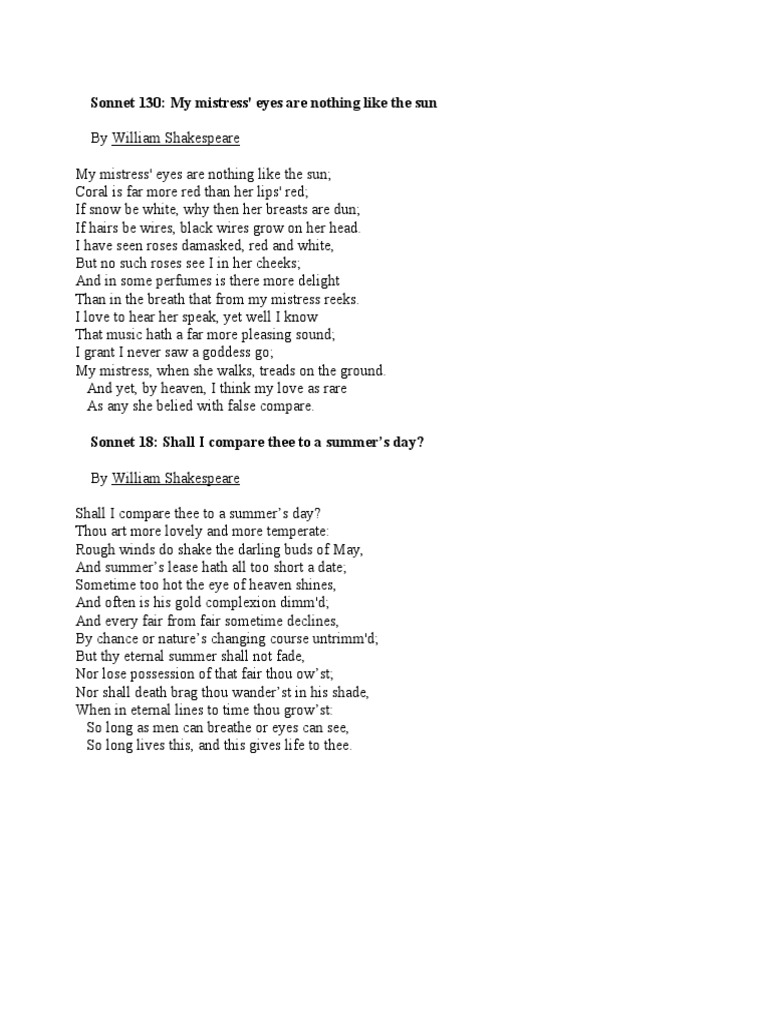 Sonnet 130: My Mistress' Eyes Are Nothing Like The Sun | PDF | Stanzaic ...