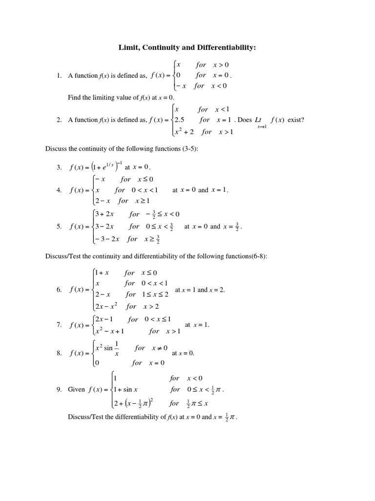 Excercise - Math1103 - Limit, Continuity and Differentiability | PDF | Theoretical Physics ...