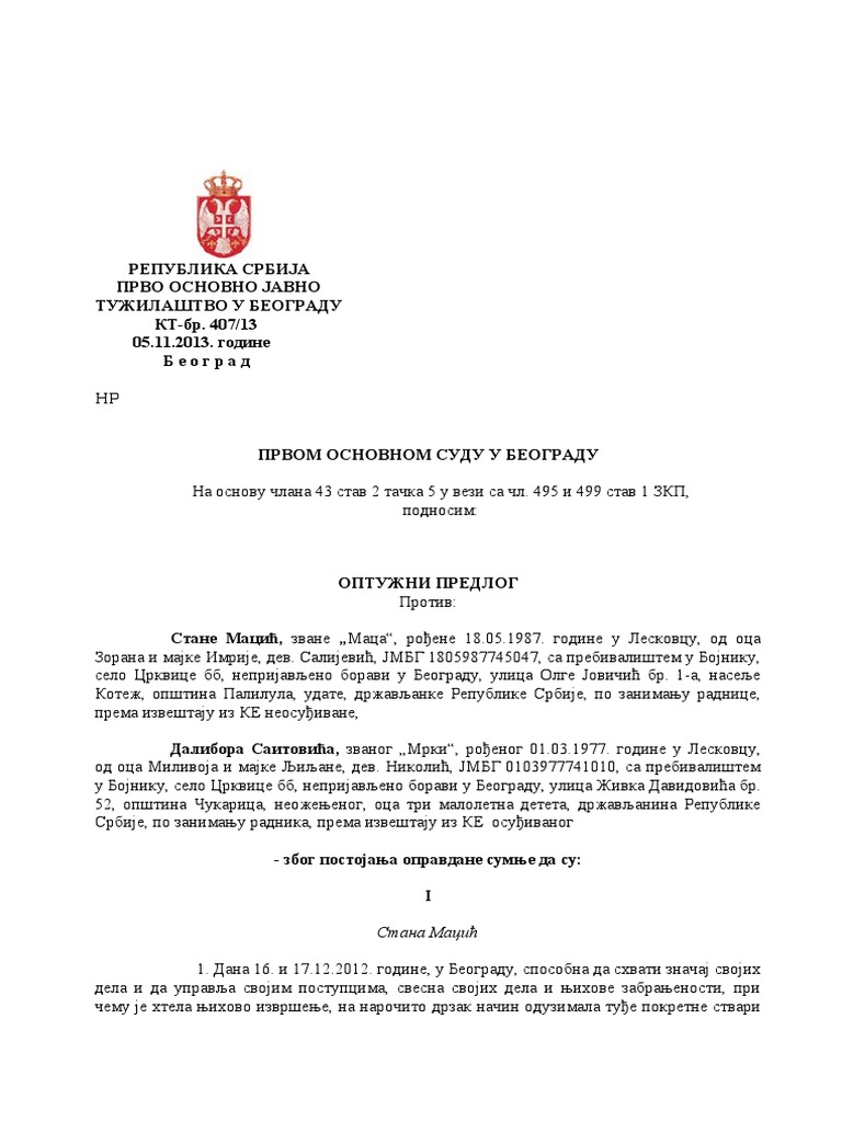 Optuzni Predlog 1 | PDF