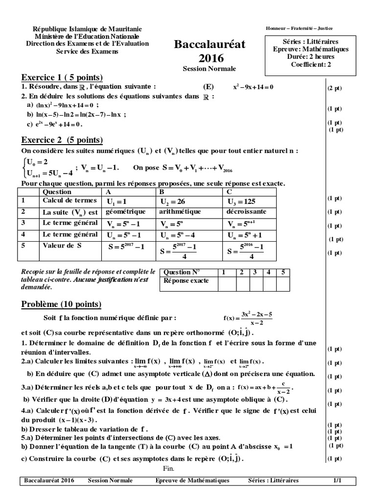 Bac A2016 SN | PDF | Asymptote | Fonction (Mathématiques)