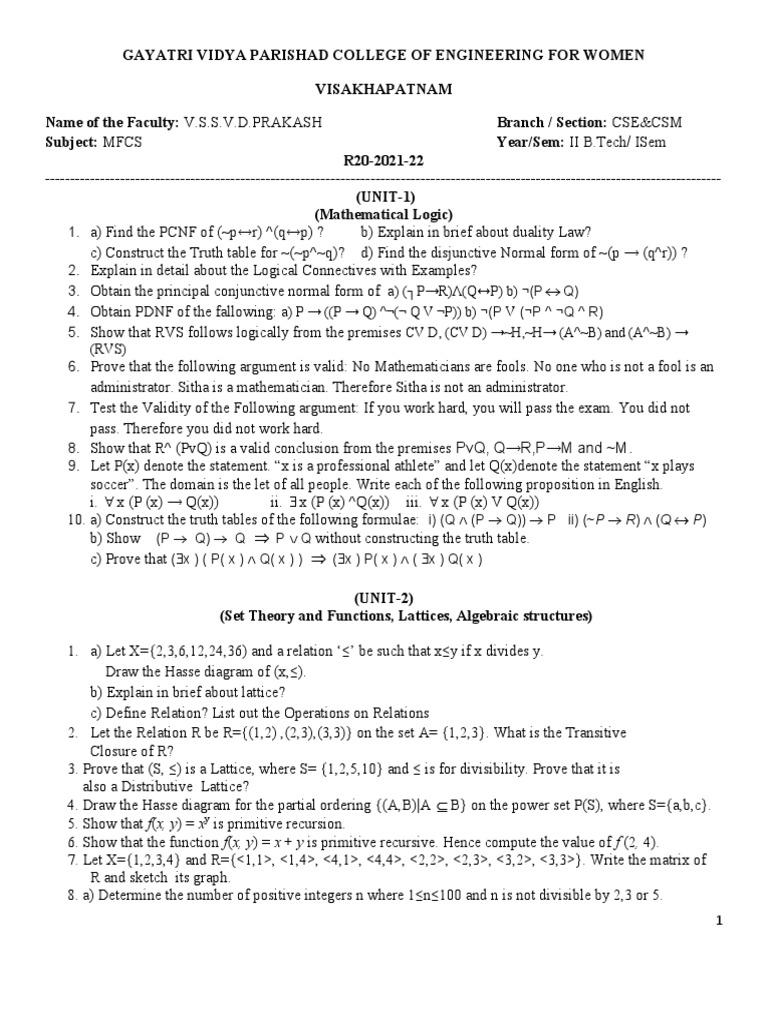 R20-MFCS-2020-21 - QB-Mid-1 | PDF | Argument | Group (Mathematics)