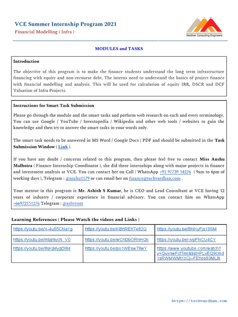 VCE Summer Internship Program 2021: Financial Modelling (Infra) | PDF ...