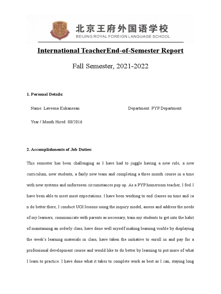 Laveenas End-Of-Semester Report Fall 2021 | PDF | Curriculum | Teachers