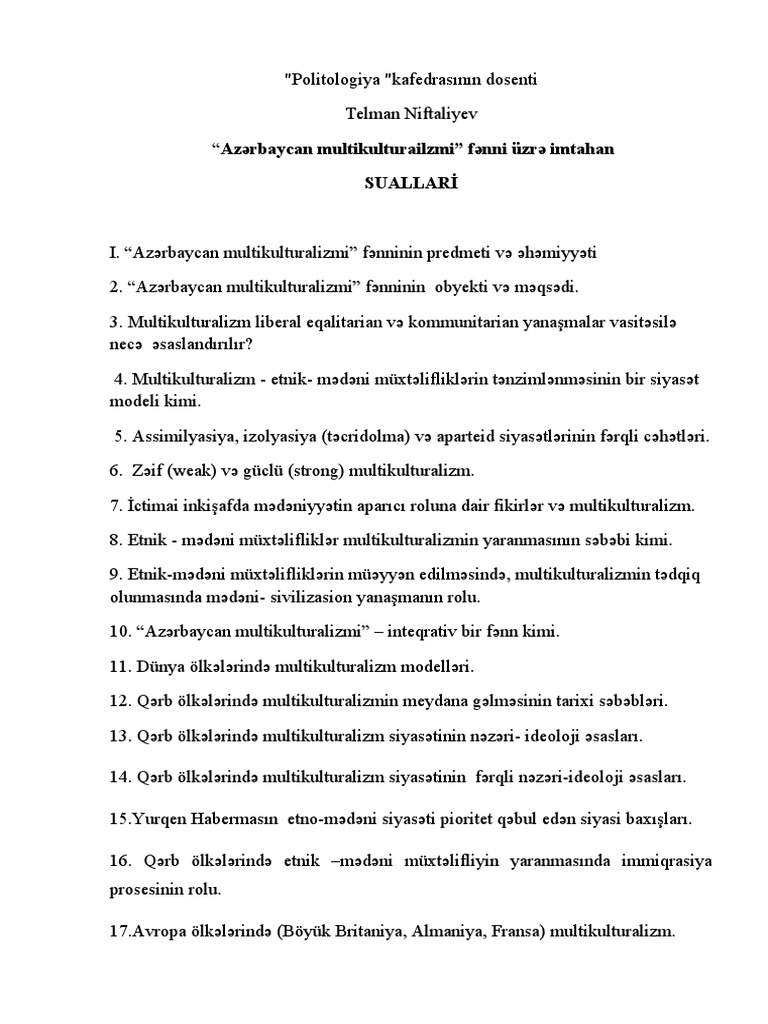 Aaamultikulturalizm Imtahan Suallar | PDF