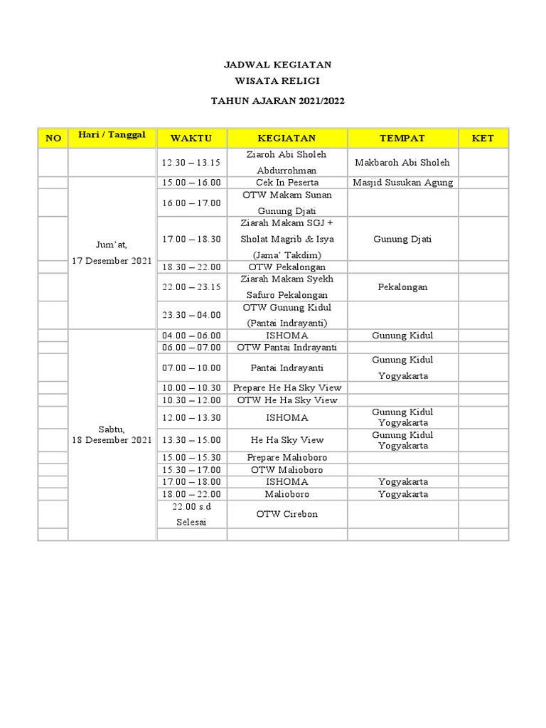 Jadwal Kegiatan Wisata Religi | PDF