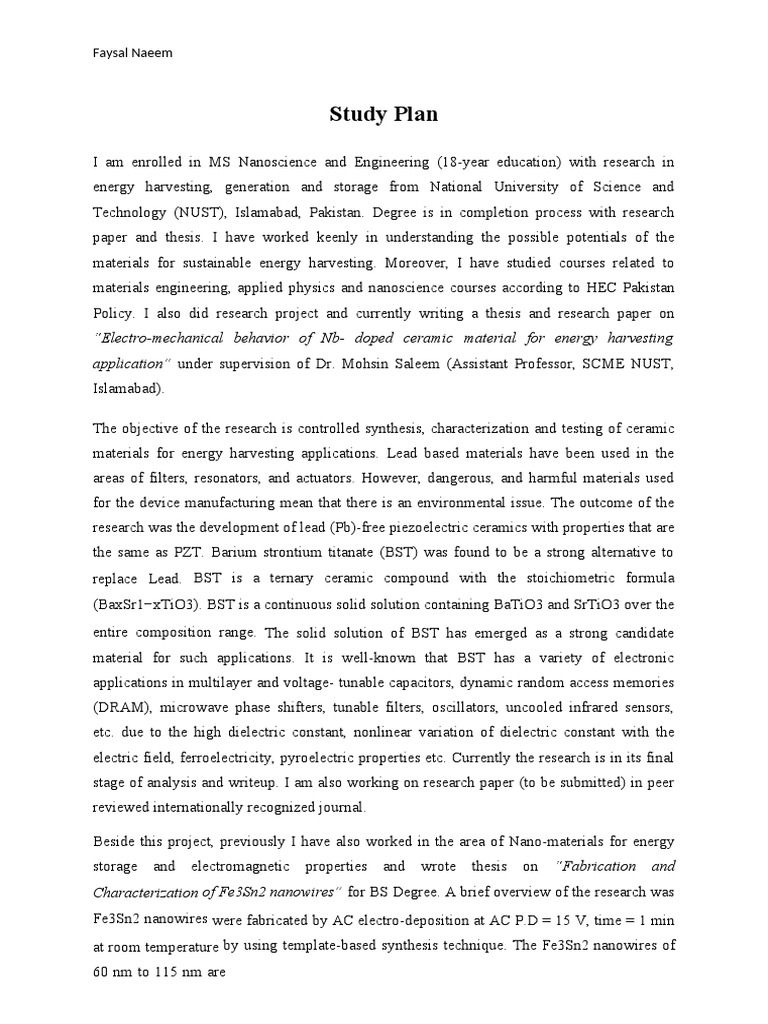PhD Study Plan in Nanoscience and Energy | PDF | Materials | Chemistry