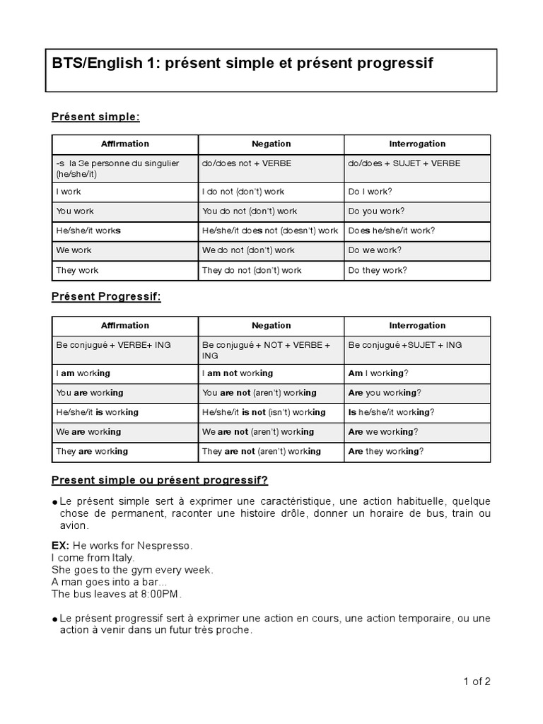 FICHE English 1 Present Simple - Progressif PDF | PDF
