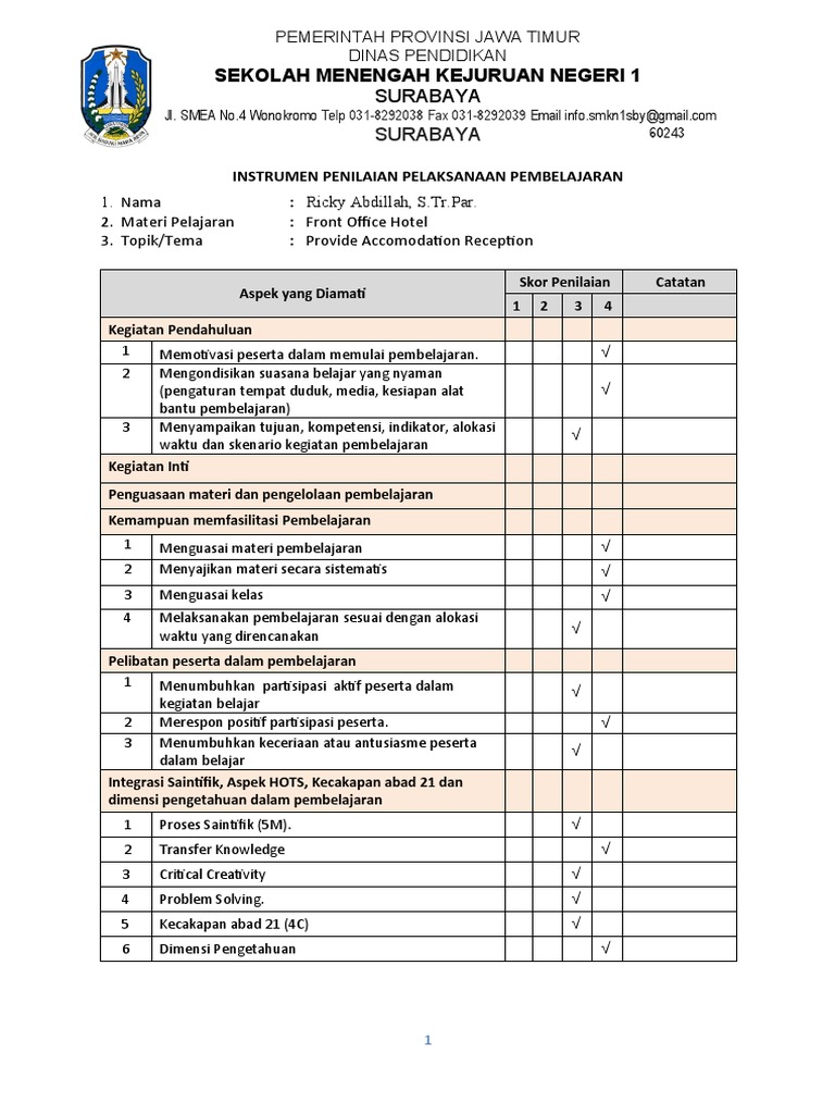 Instrumen Penilaian Pelaksanaan Pembelajaran | PDF