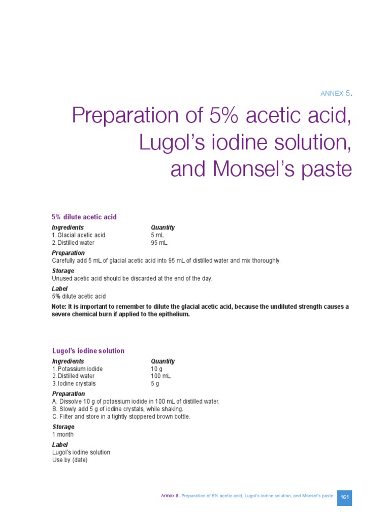 Preparation of 5% Acetic Acid, Lugol's Iodine Solution, and Monsel's ...