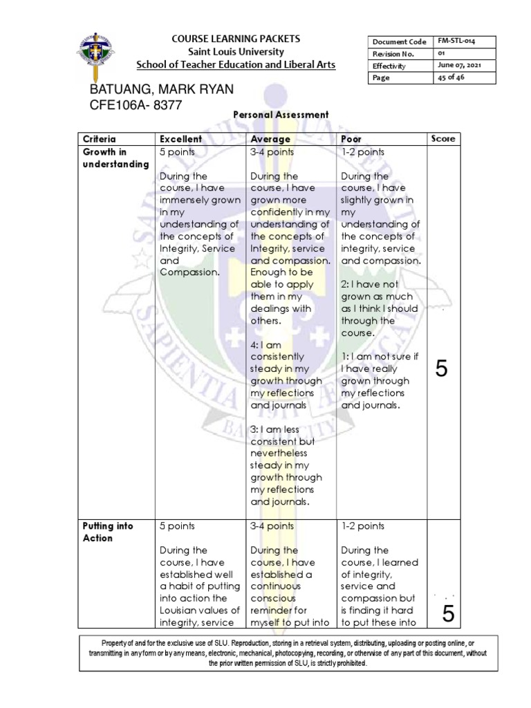 Assessing Personal Growth in Understanding and Applying the Values of ...