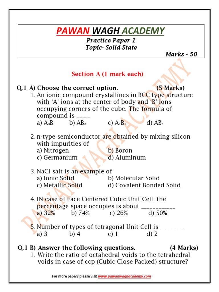 Solid State 12th Chemistry Practice Paper | PDF | Crystal Structure ...