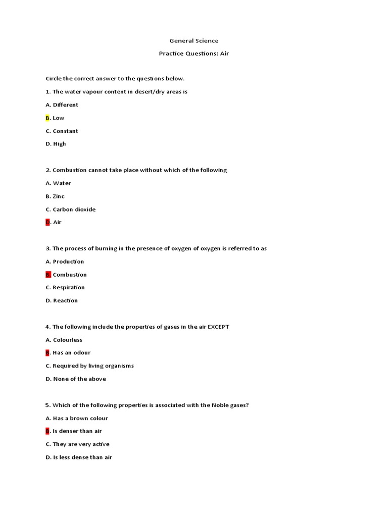 Air Composition and Properties Quiz | PDF | Atmosphere Of Earth ...