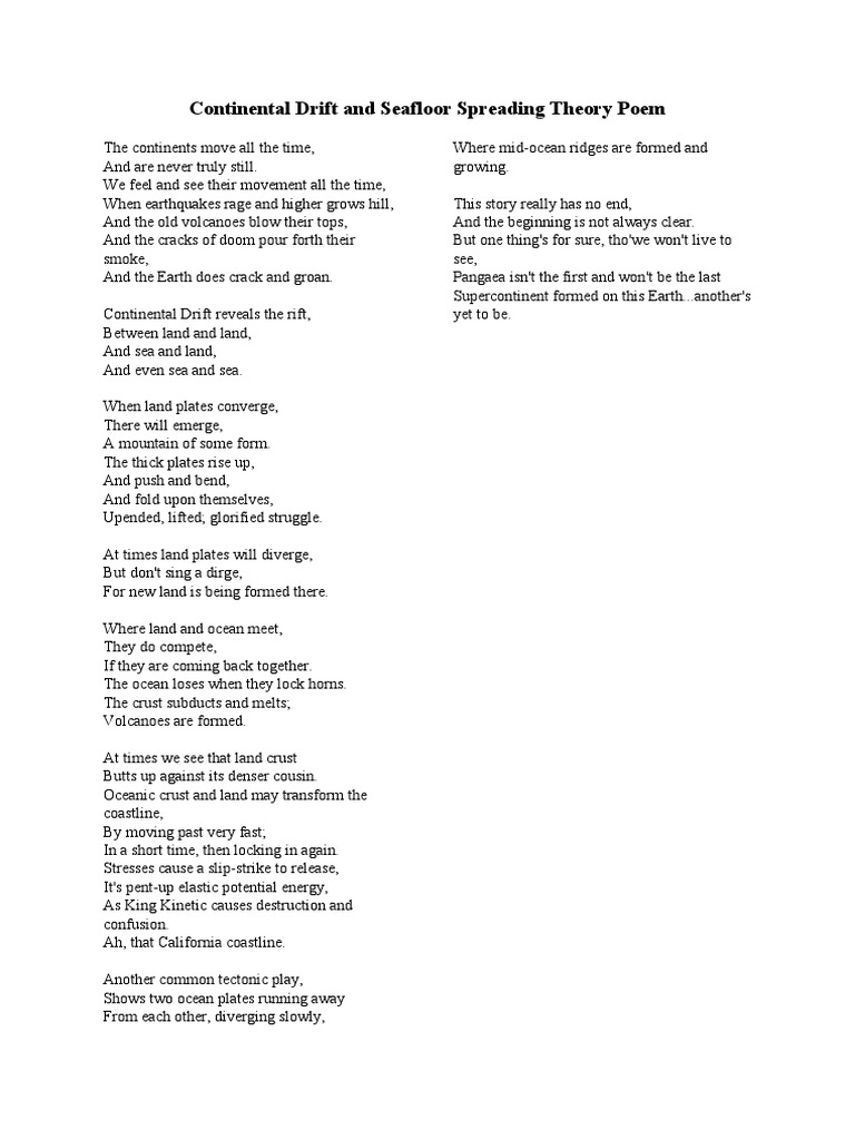 Continental Drift and Seafloor Spreading Theory Poem Science | PDF