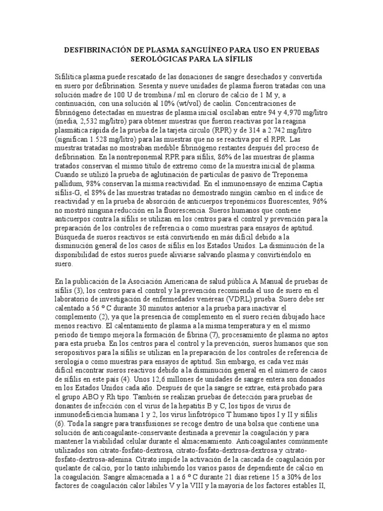Plasma defibrination para pruebas serológicas de sífilis | PDF ...