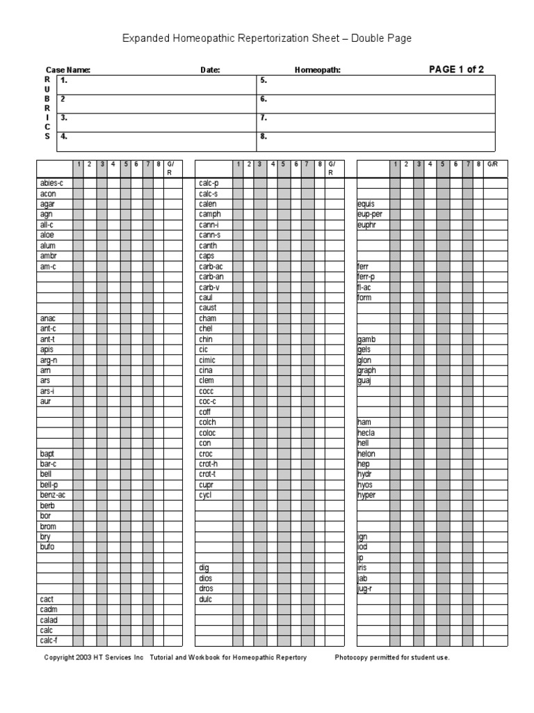 Expanded Homeopathic Repertorization Sheet - Double Page | PDF