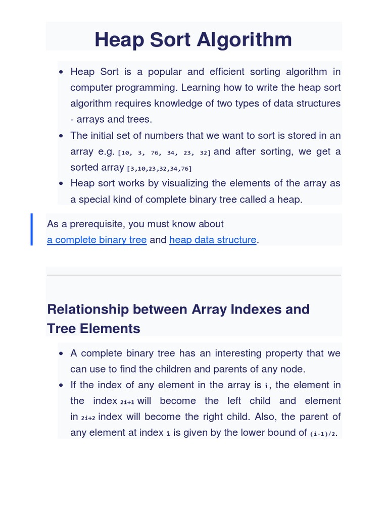 Heap Sort Algorithm Relationship Between Array Indexes And Tree Elements Pdf Algorithms And 