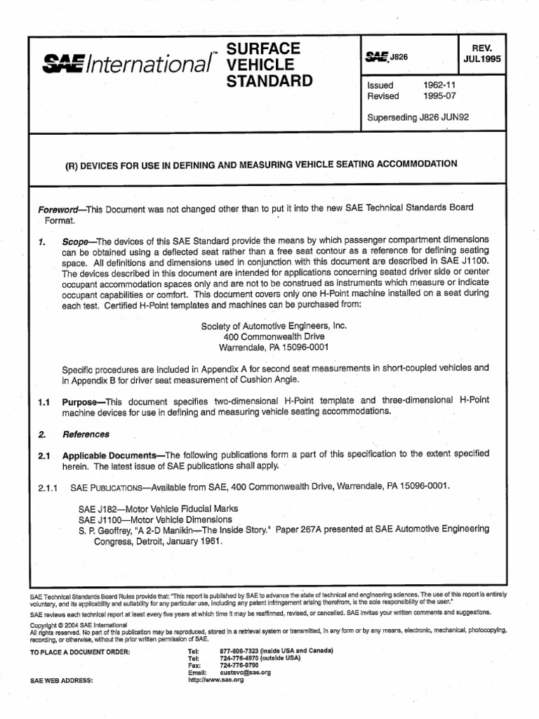 SAE J826-1995: Devices For Use in Defining and Measuring Vehicle Seating Accomodation | PDF