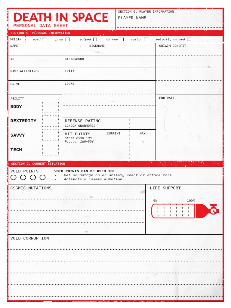 Death in Space Character Sheet | PDF