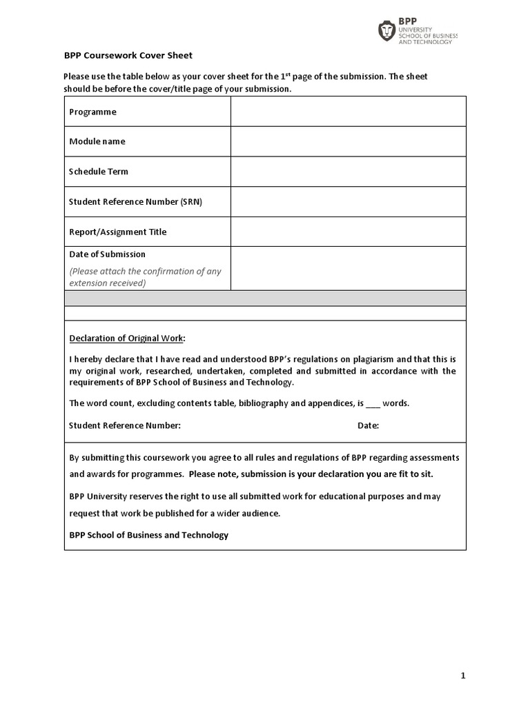 BPP Coursework Cover Sheet: (Please Attach The Confirmation of Any Extension Received) | PDF ...