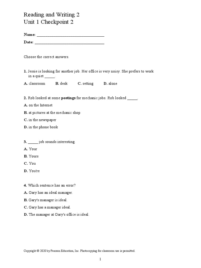 Reading and Writing 2 Unit 1 Checkpoint 2: Choose The Correct Answers | PDF