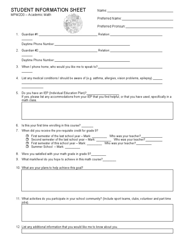 Student Information Sheet: Name: MPM2D0 - Academic Math Preferred Name ...