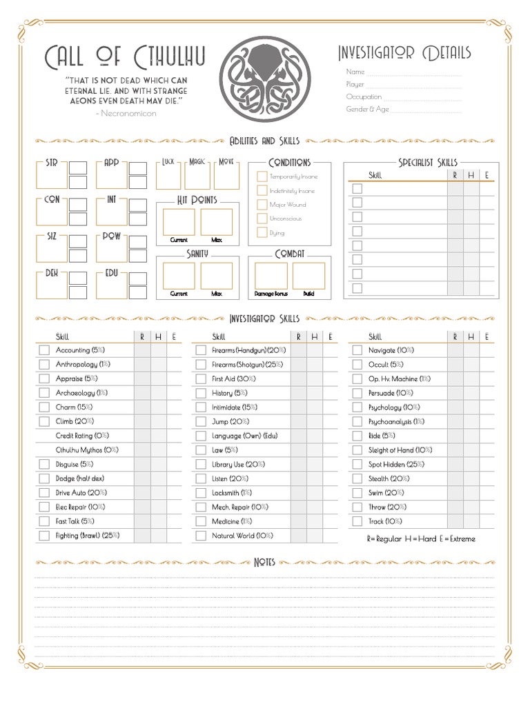 Call of Cthulhu Character Sheet Printable | PDF