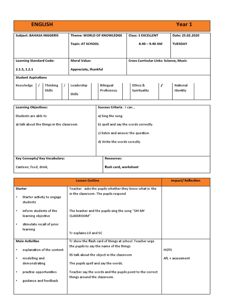 English Year 1 | PDF | Teachers | Learning