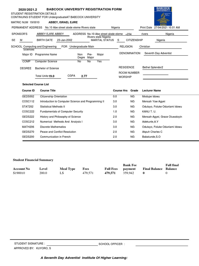 Babcock University Registration Form 2020/2021.2: Abbey, Israel Ejire ...