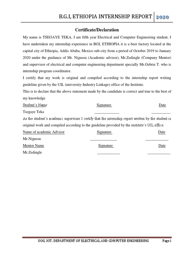 B.G.I, Ethiopia Internship Report: Certificate/Declaration | PDF ...