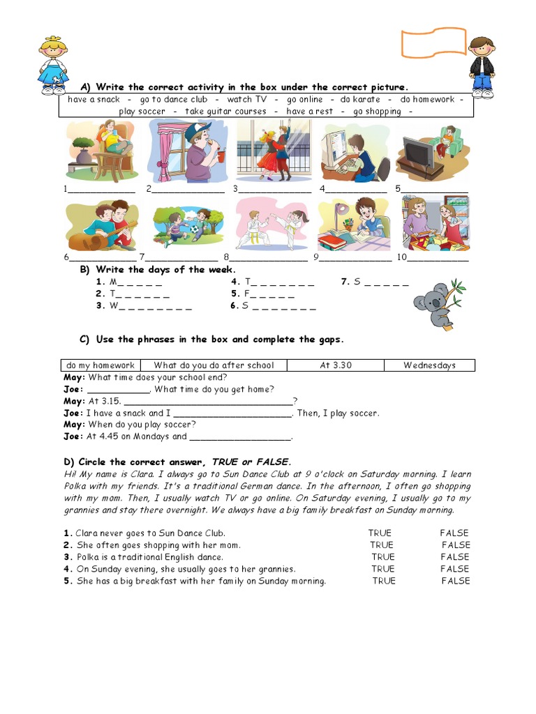 A) Write The Correct Activity in The Box Under The Correct Picture | PDF