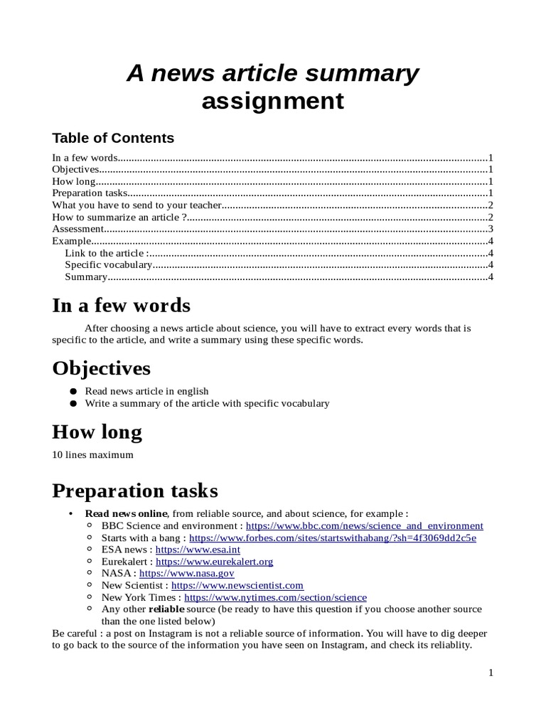 News Article Summary Assignment Guide | PDF | News | Cognition