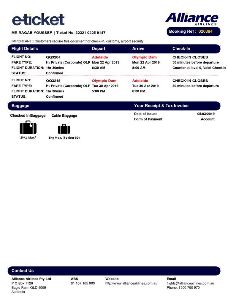 Alliance Airlines Ticket | PDF | Baggage | Airlines