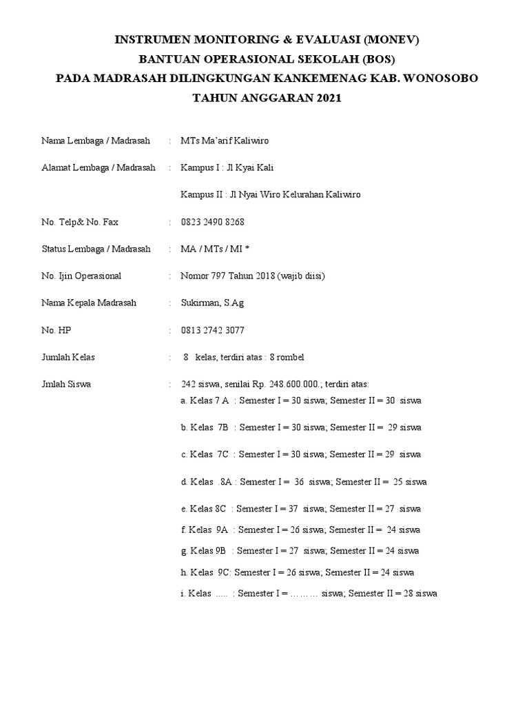 Instrumen Monev Bos 2021 | PDF