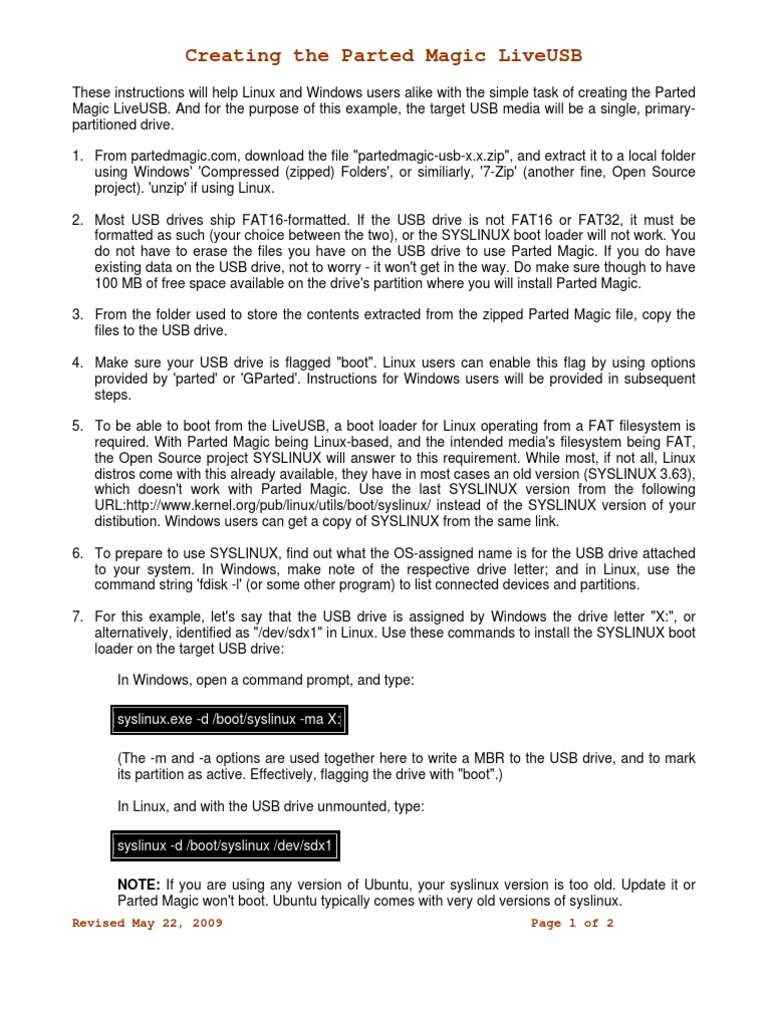 Create Parted Magic LiveUSB Guide | PDF | Booting | Zip (File Format)