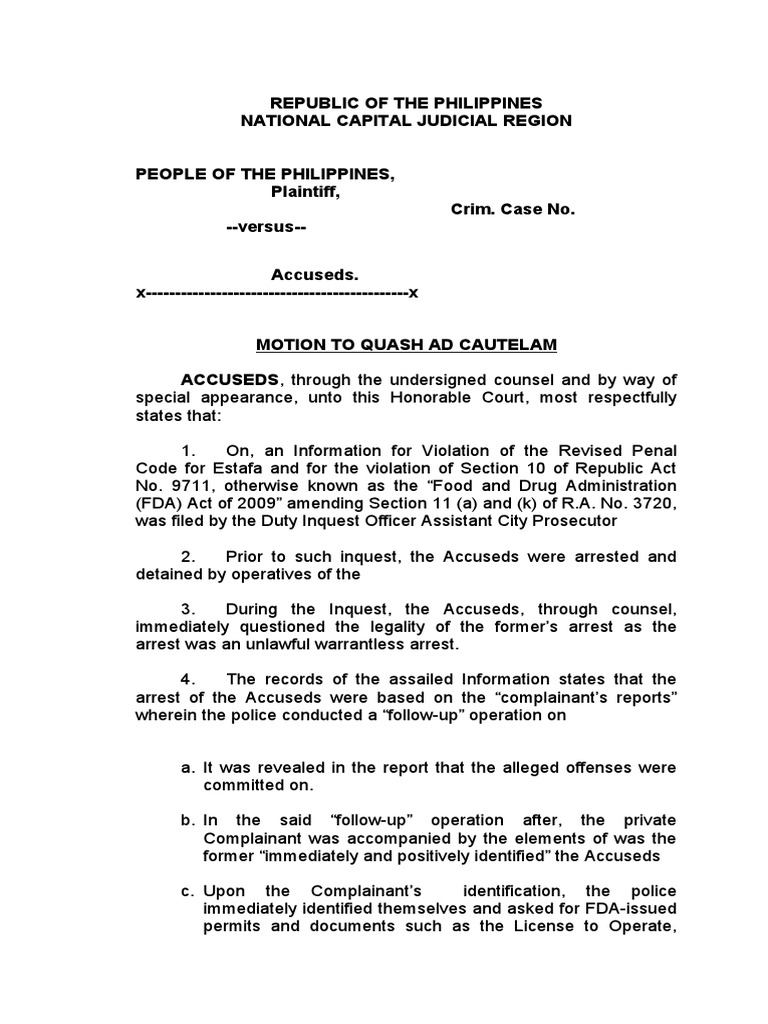 Motion To Quash Sample | Download Free PDF | Arrest | Crimes