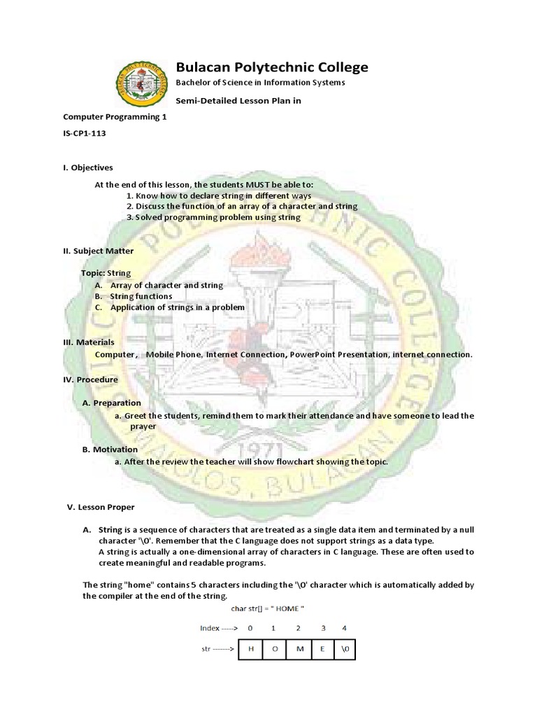 Semi-Detailed Lesson Plan in CP1 | PDF | String (Computer Science) | C ... Semi-Detailed Lesson Plan in CP1 | PDF | String (Computer Science) | C ...