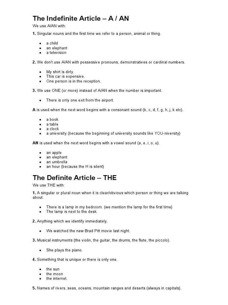 ARTICLES A, AN, THE and NO ARTICLE | PDF | Grammatical Number | Syntax