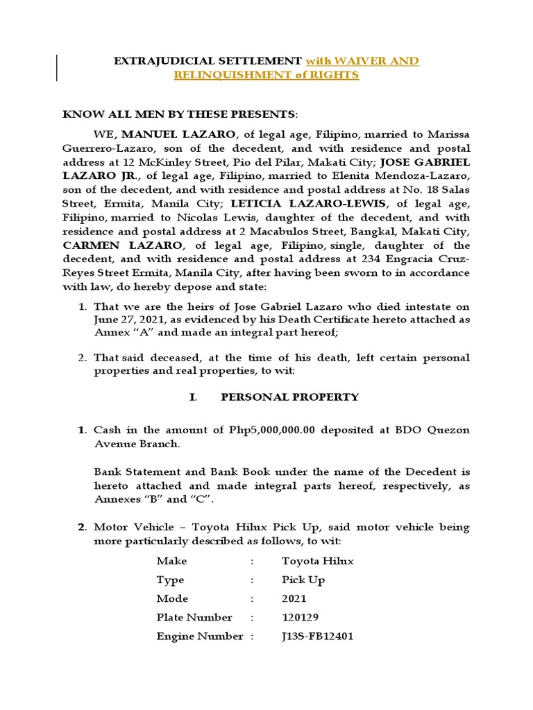 Extra Judicial Settlement | PDF | Inheritance | Deed