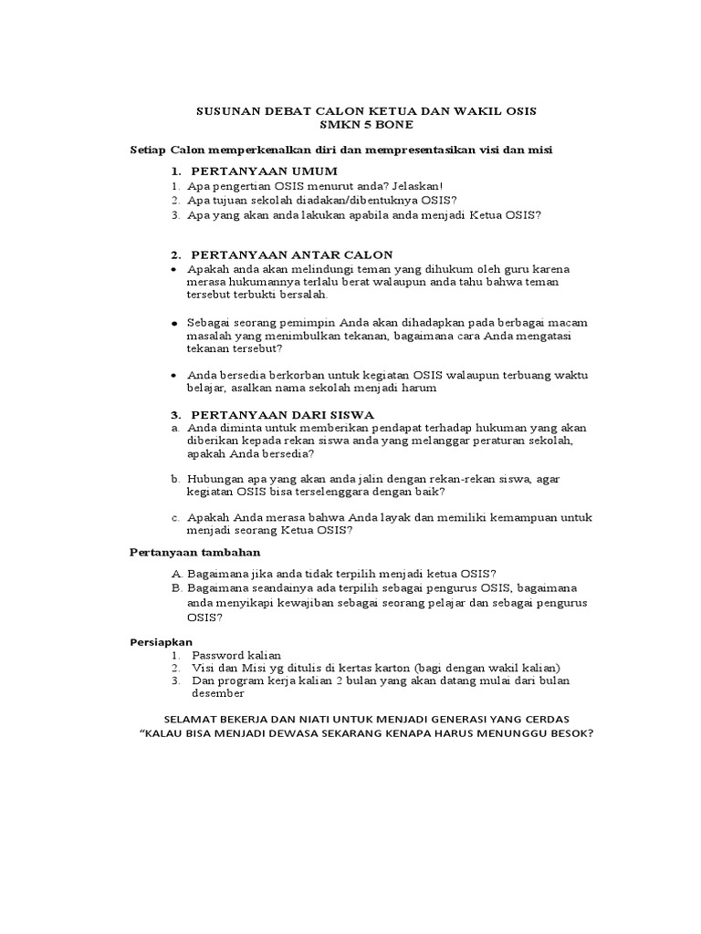 Susunan Debat Calon Ketua Dan Wakil Osis | PDF