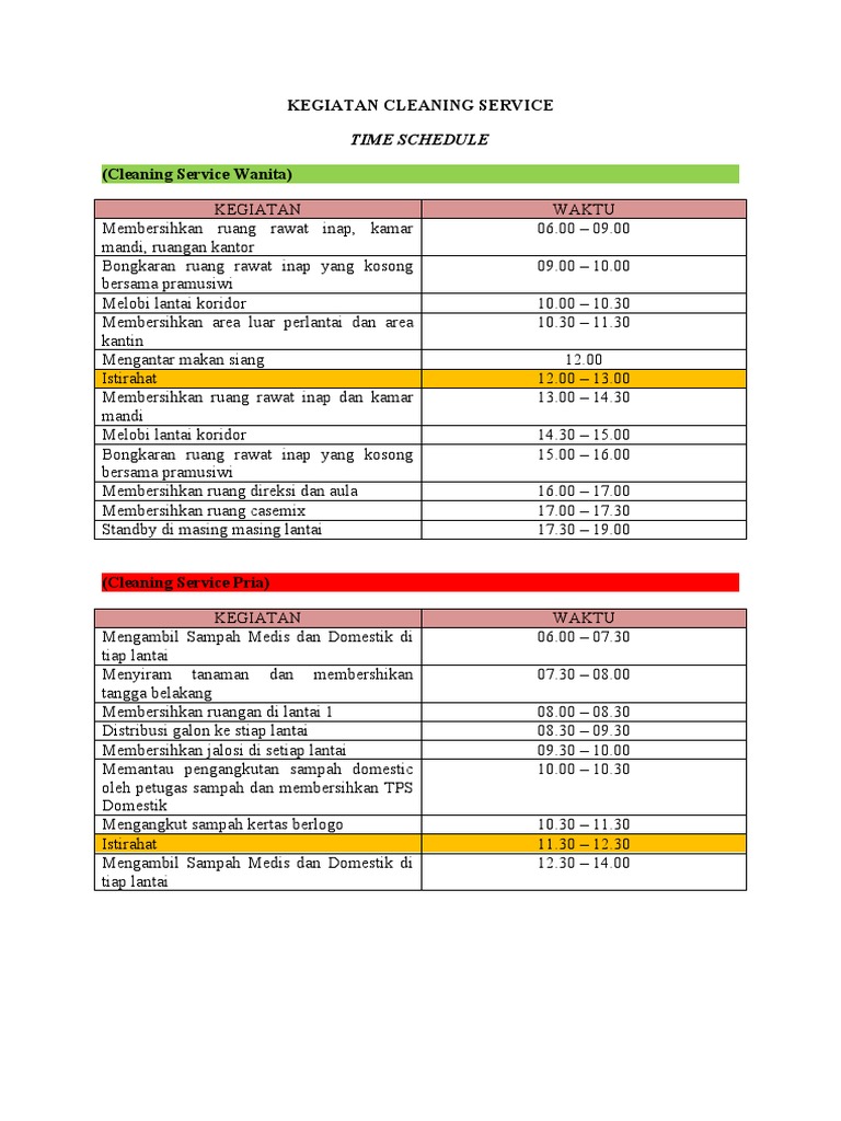 Kegiatan Cleaning Service Time Schedule | PDF