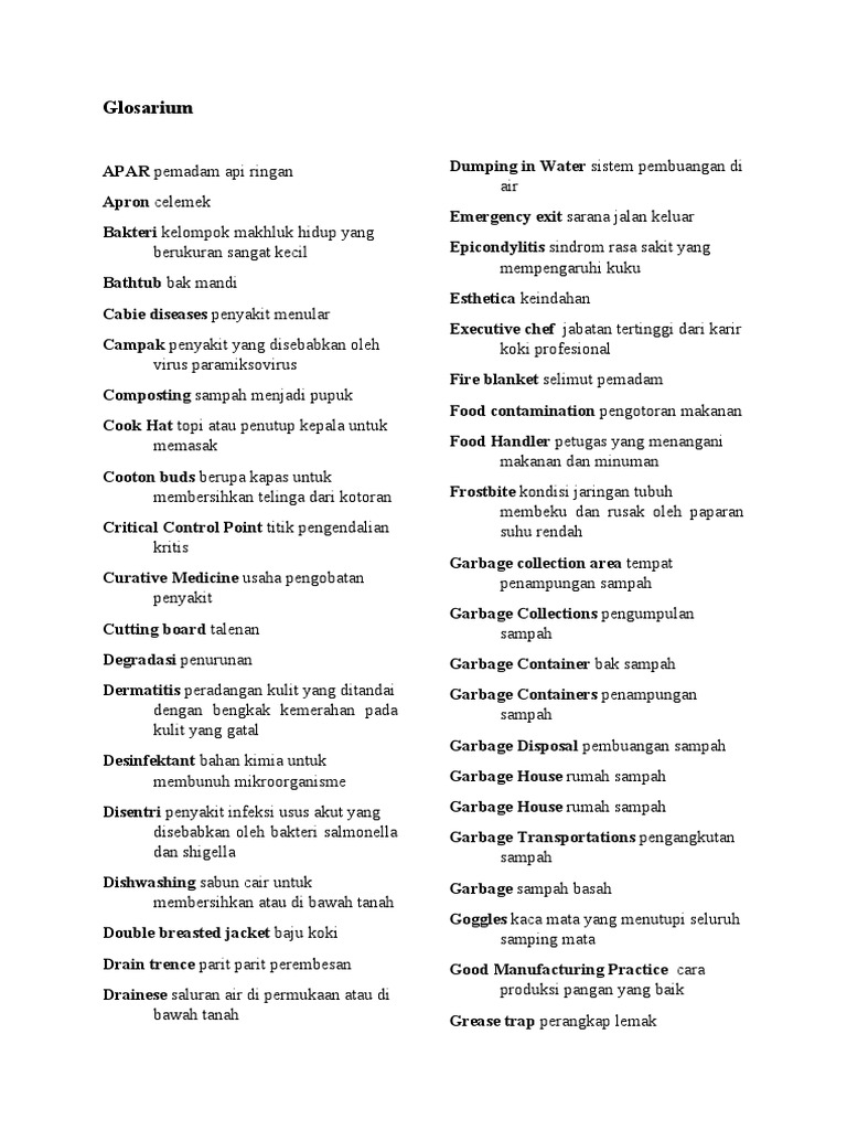 Glosarium Buku Sanitasi, Hygiene, Dan Keselamatan Kerja Kelas X | PDF