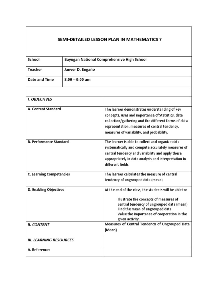 Semi-Detailed Lesson Plan in Mathematics 7 | PDF | Mean | Lesson Plan